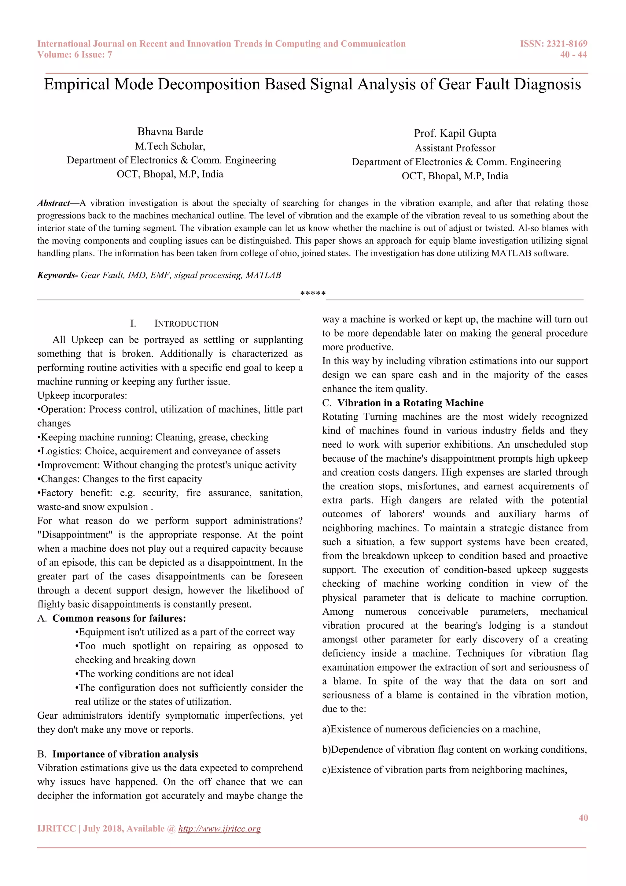 Empirical Mode Decomposition Based Signal Analysis of Gear Fault Diagnosis | PDF