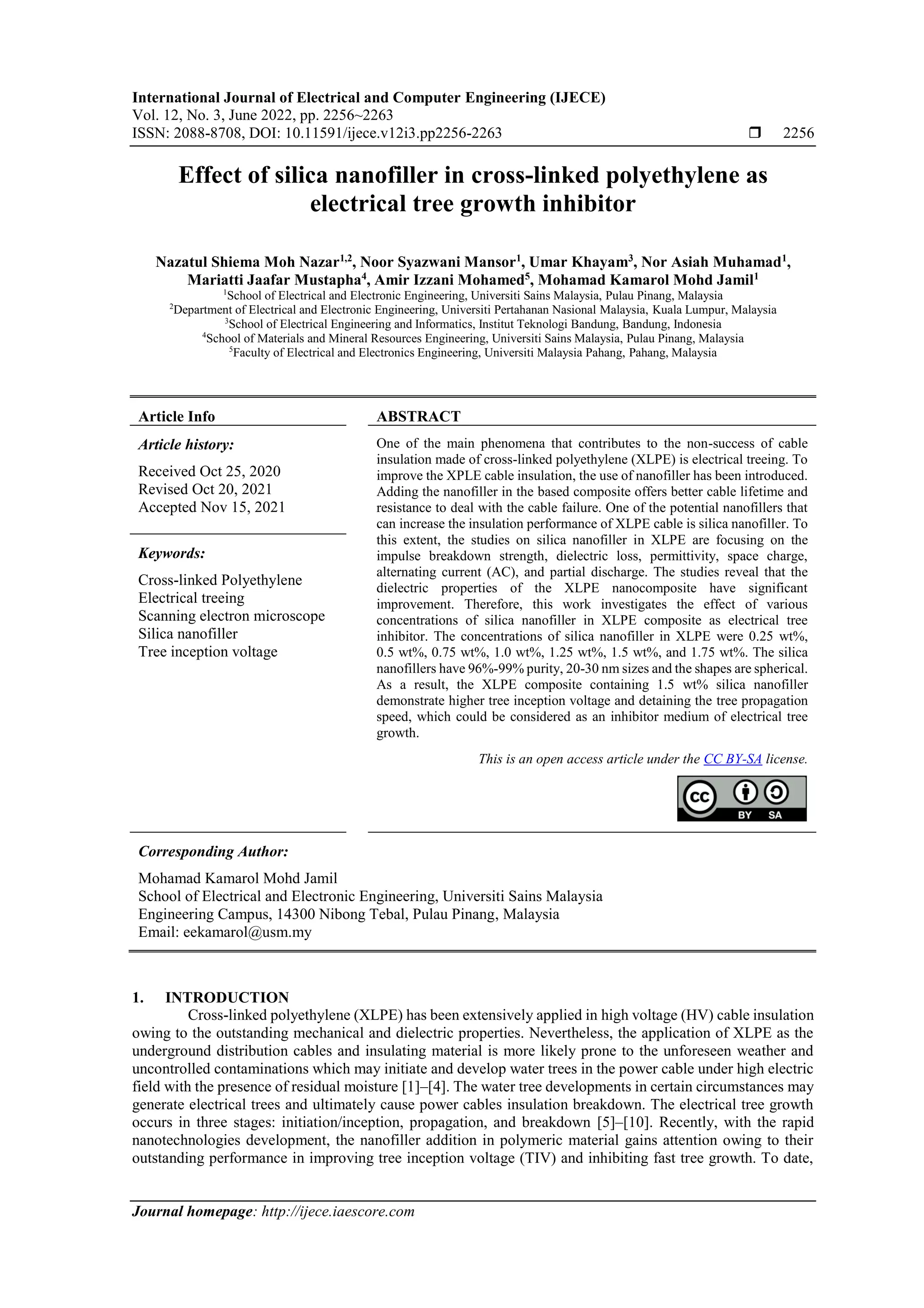 Effect of silica nanofiller in cross-linked polyethylene as electrical tree growth inhibitor | PDF