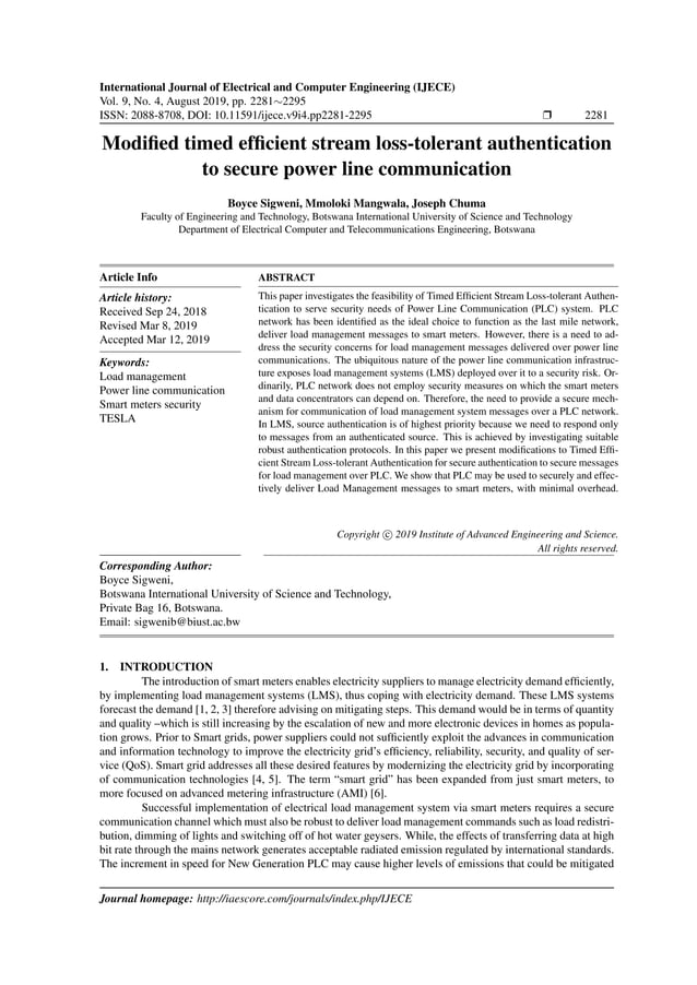 Modified Timed Efficient Stream Loss-tolerant Authentication to Secure Power Line Communication ...