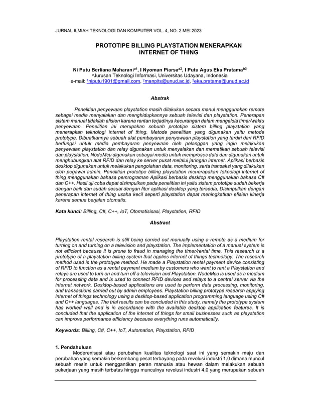 Prototipe billing rental playstation menerapkan internet of thing | PDF