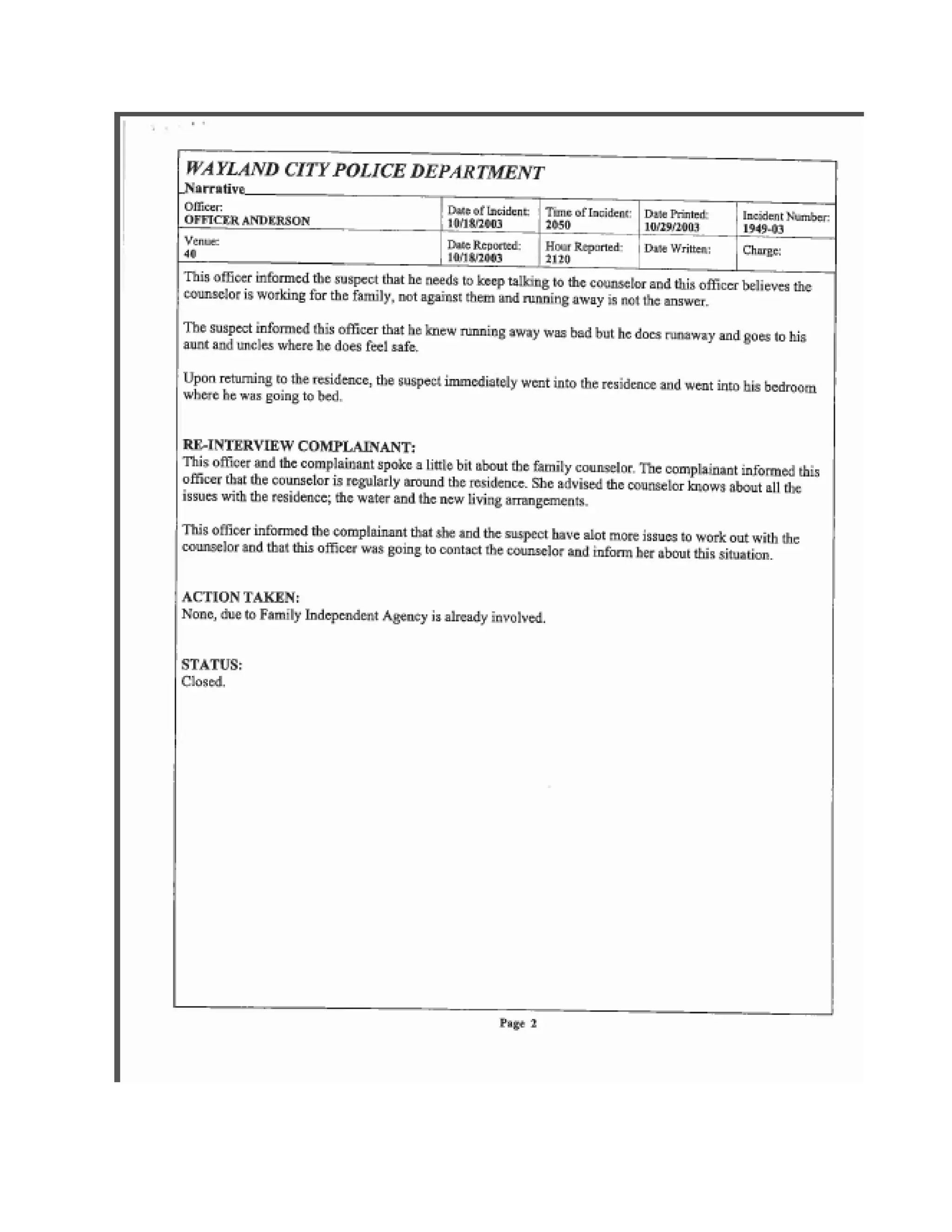 101803 police called after michael runs away | PDF