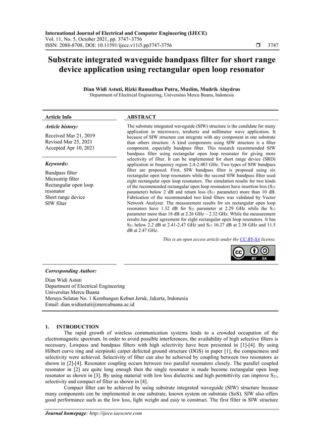 Substrate integrated waveguide bandpass filter for short range device application using ...
