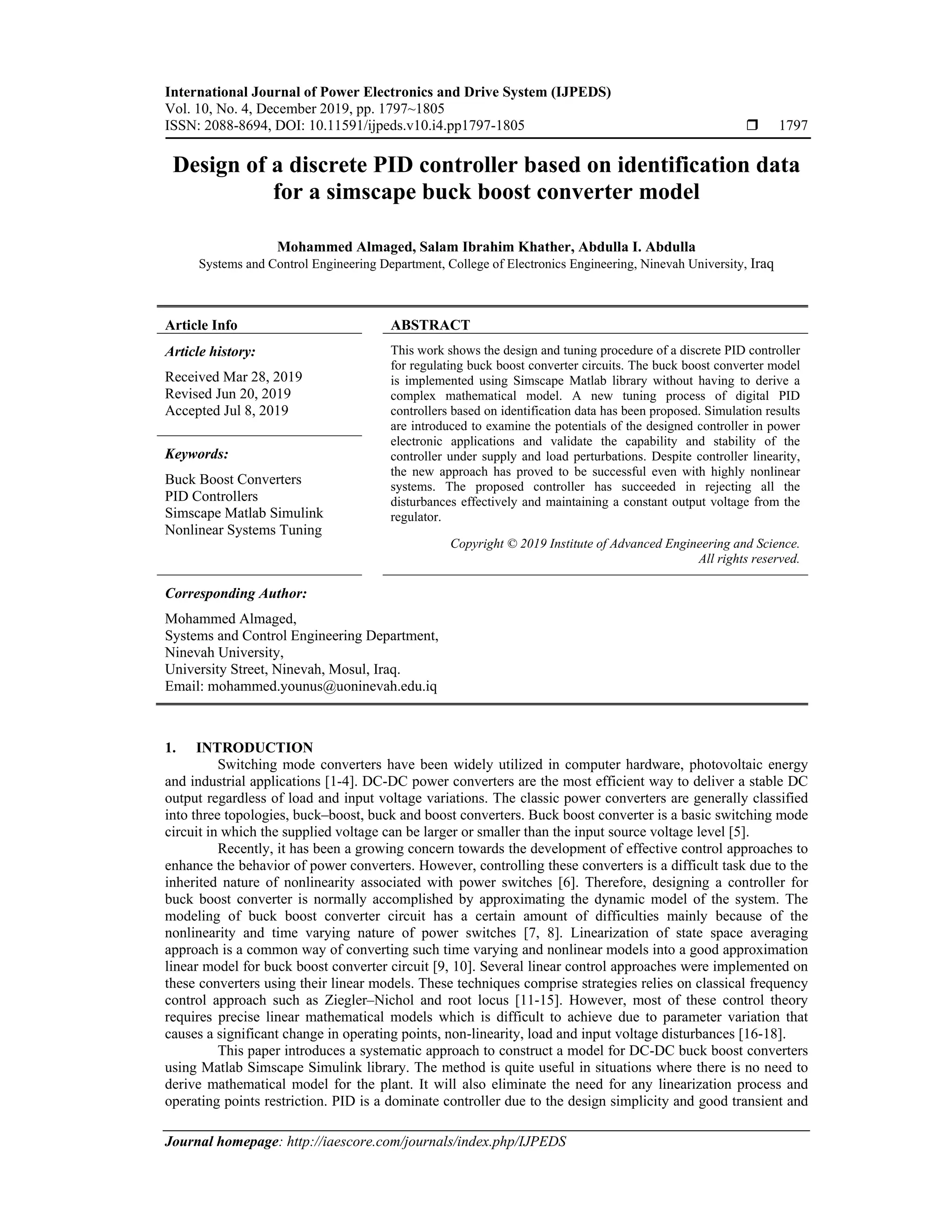 Design of a discrete PID controller based on identification data for a simscape buck boost ...