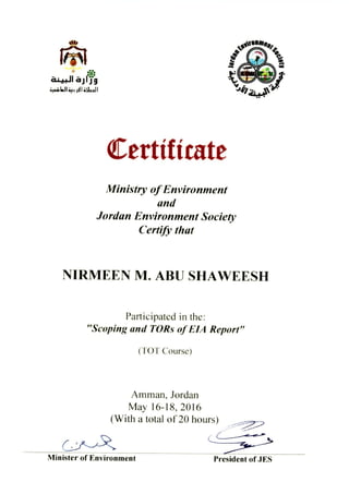 Certificate -Nirmeen -Scoping and ToRs of the EIA | PDF