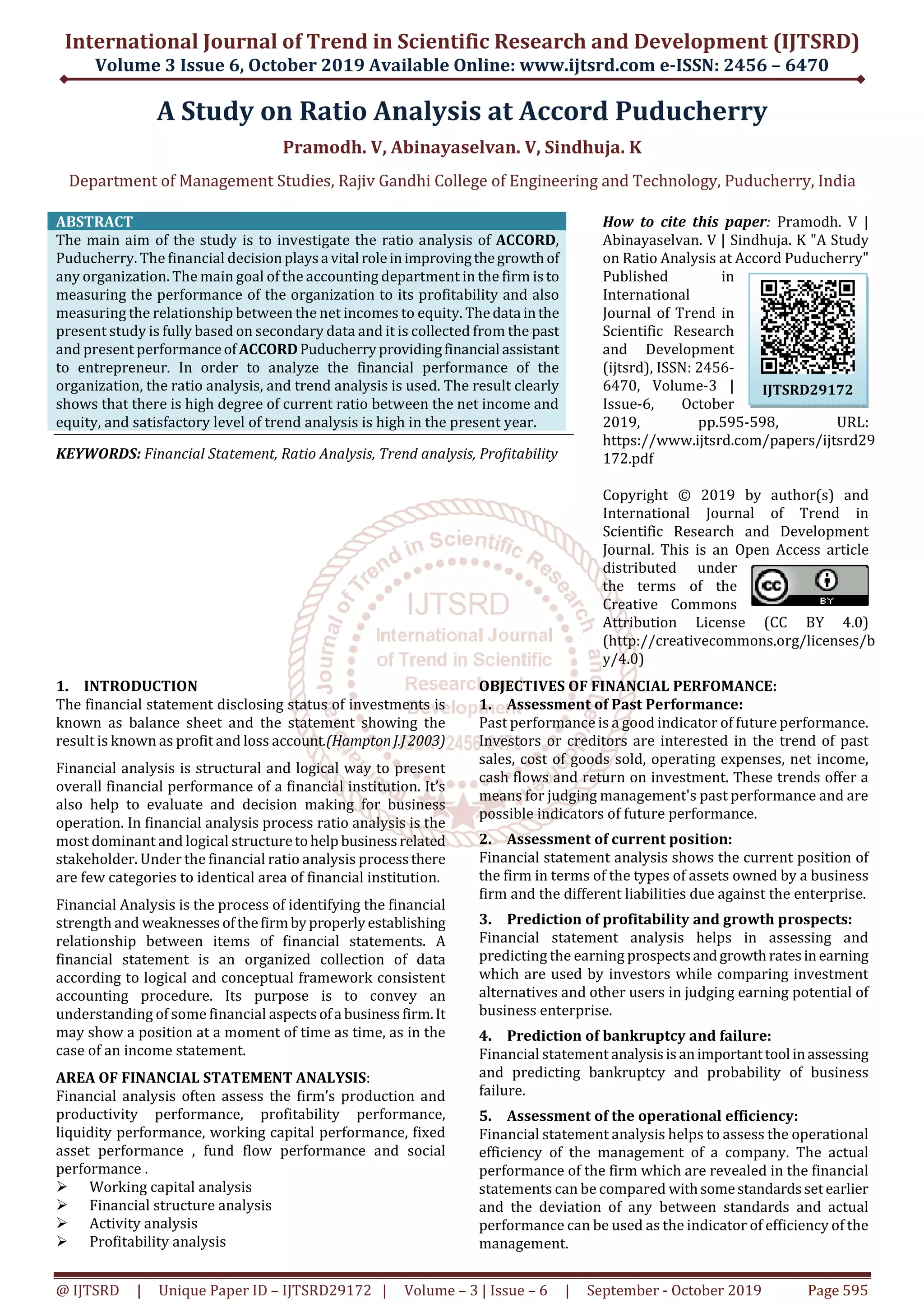 A Study on Ratio Analysis at Accord Puducherry | PDF