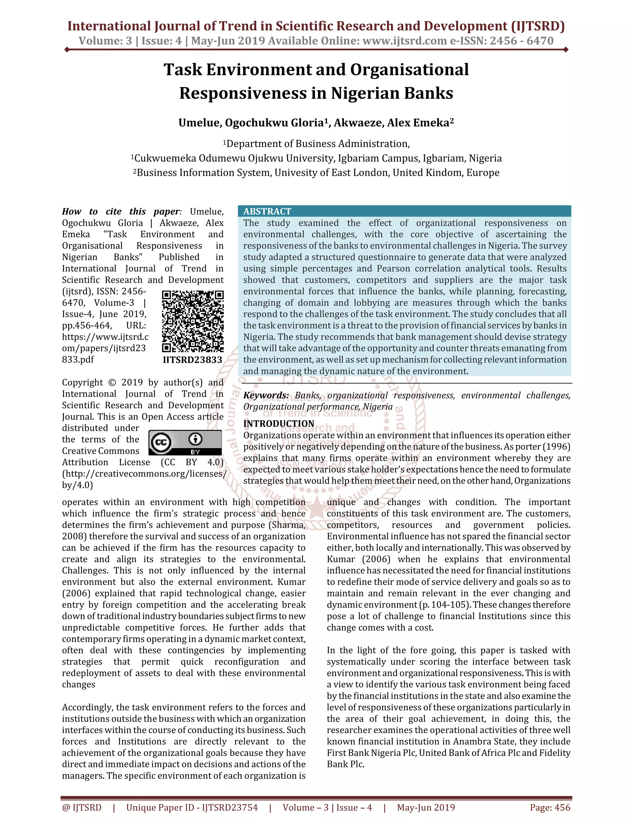 Task Environment and Organisational Responsiveness in Nigerian Banks | PDF | Green Solutions ...