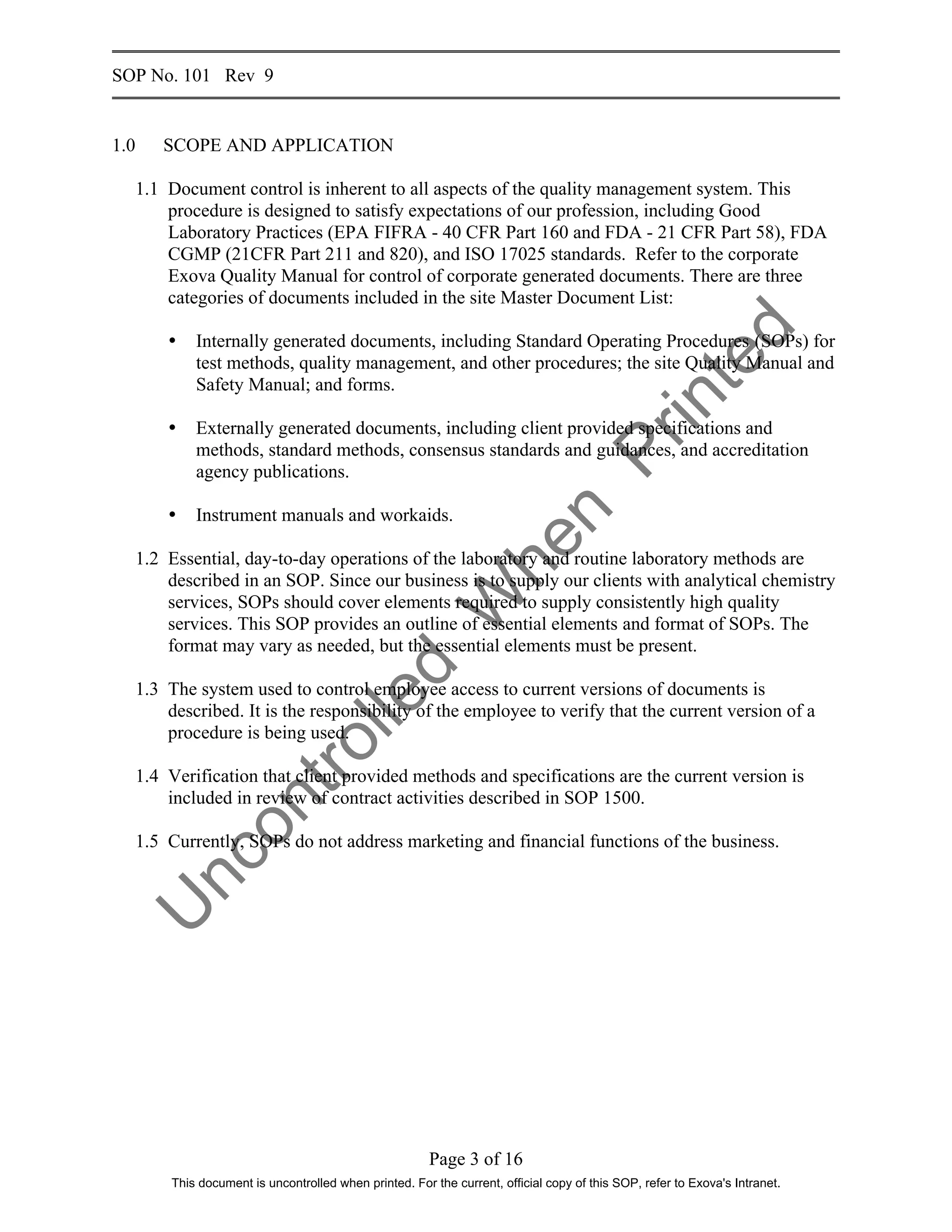 101v9 control of standard operating procedures and test methods | PDF