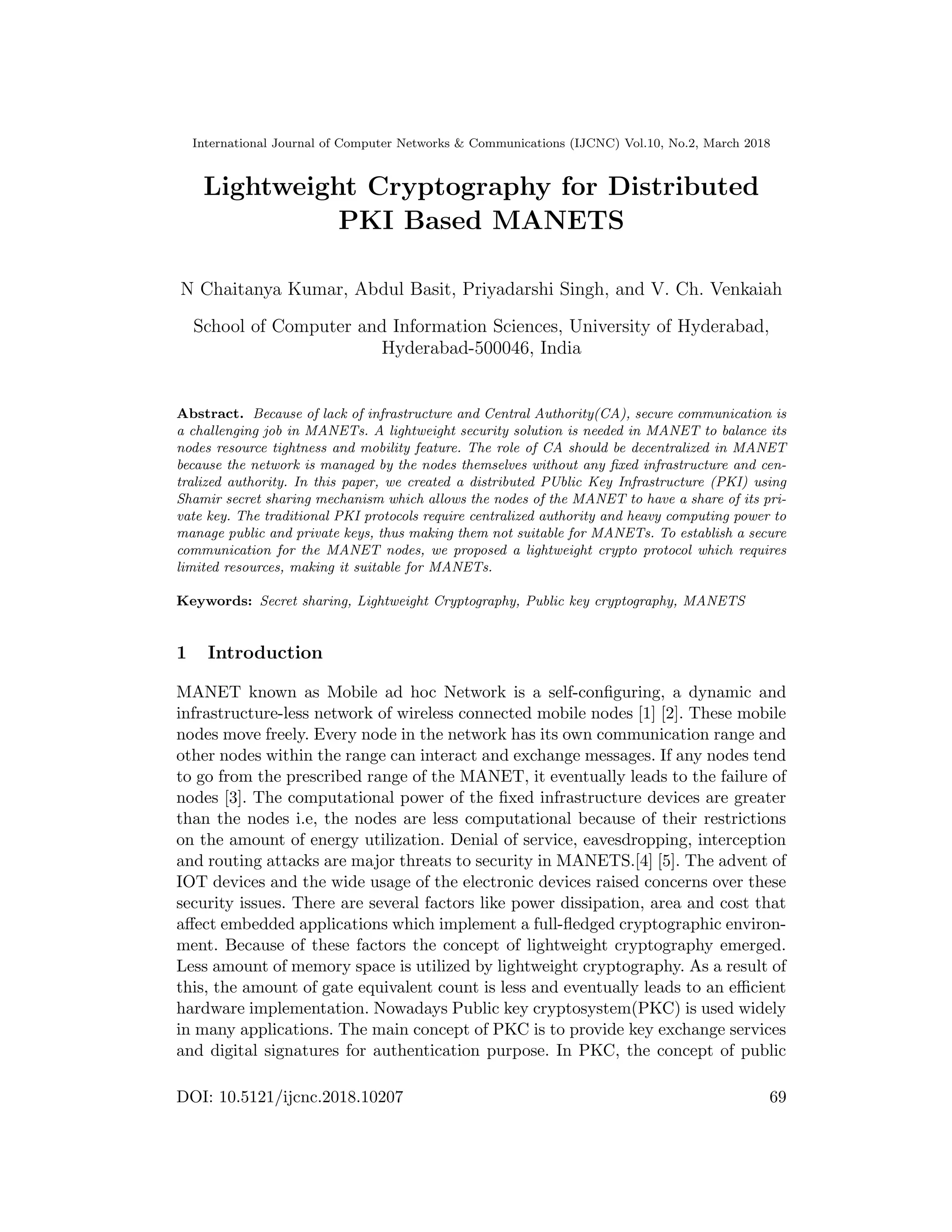 Lightweight Cryptography for Distributed PKI Based MANETS | PDF