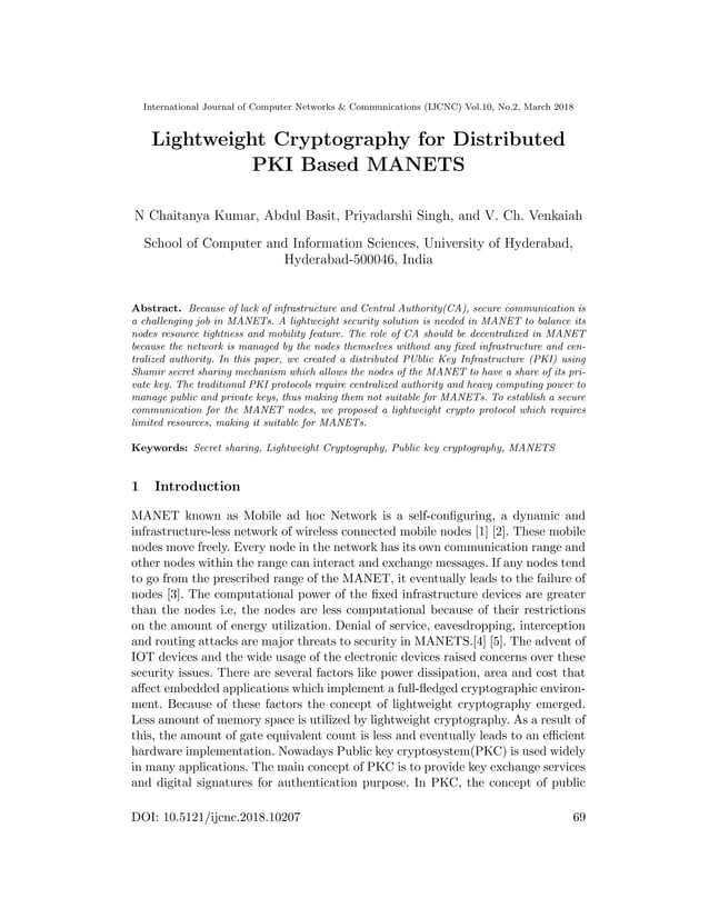 Lightweight Cryptography for Distributed PKI Based MANETS | PDF