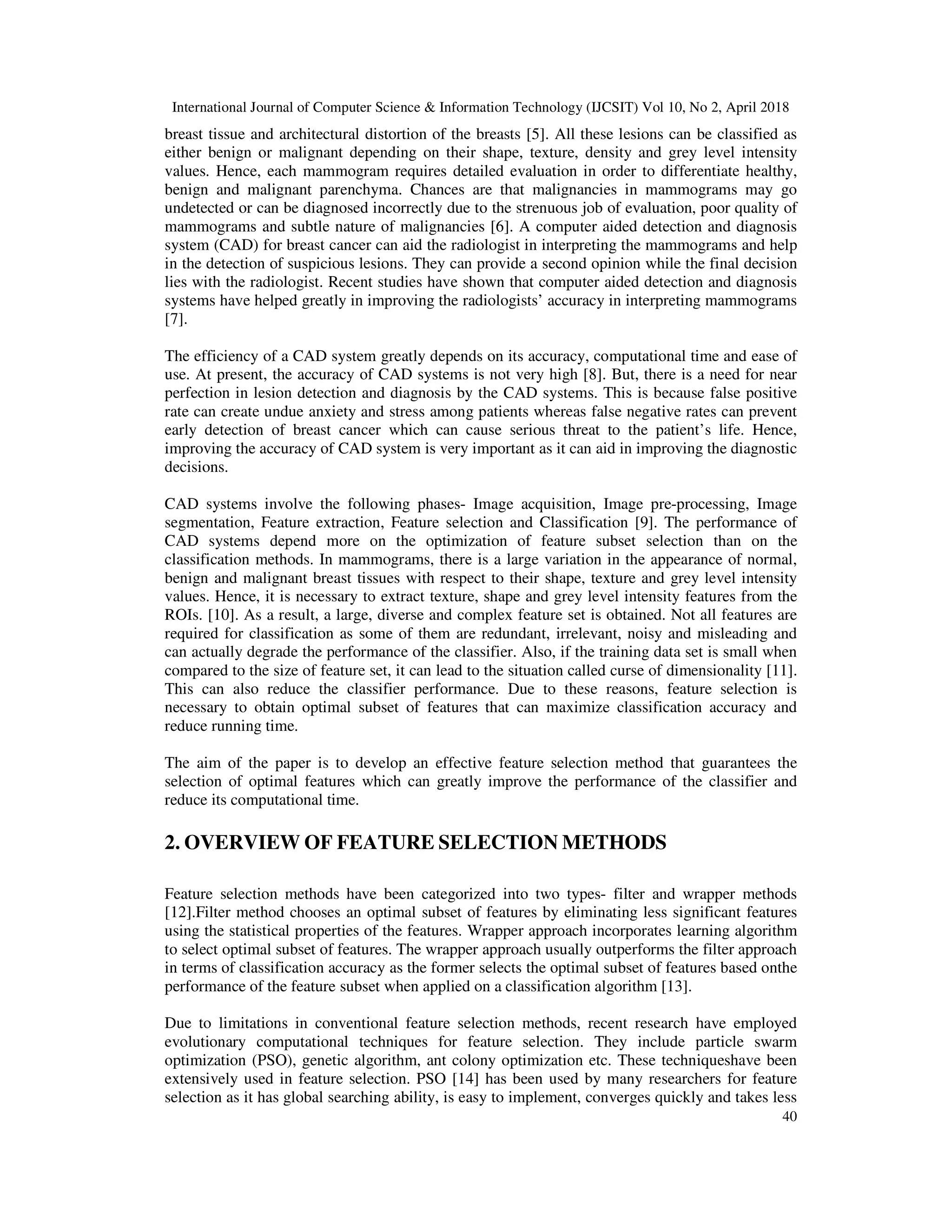 A MODIFIED BINARY PSO BASED FEATURE SELECTION FOR AUTOMATIC LESION DETECTION IN MAMMOGRAMS | PDF