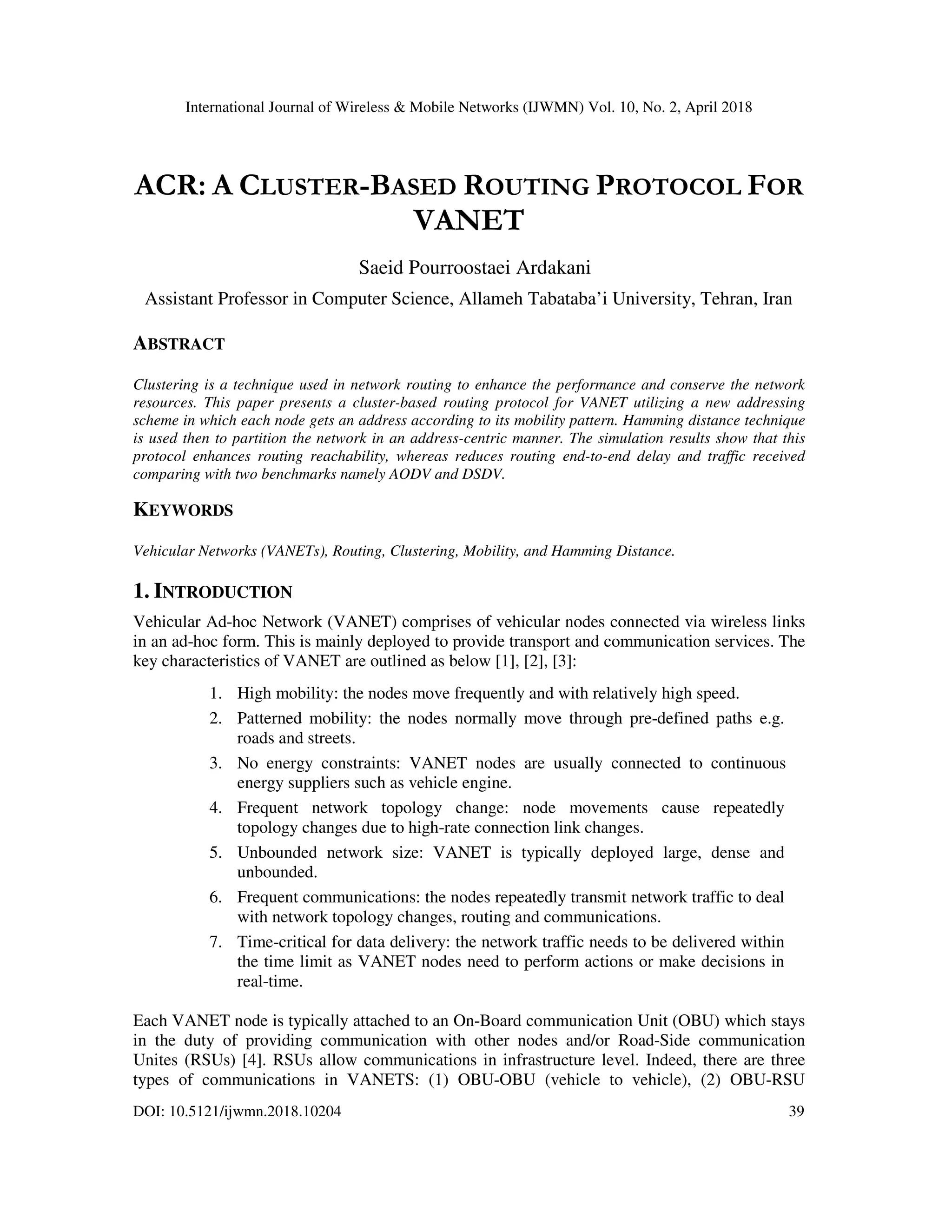 ACR: A CLUSTER-BASED ROUTING PROTOCOL FOR VANET | PDF