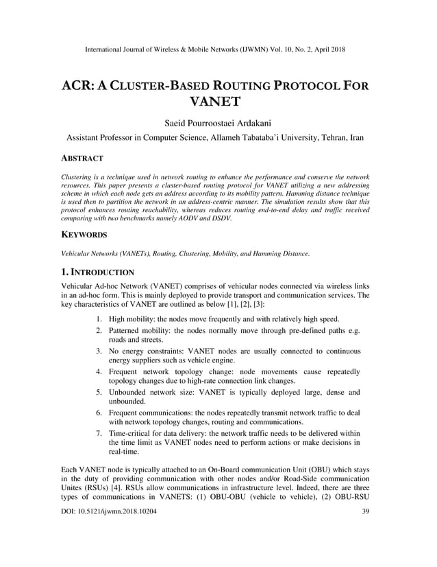 ACR: A CLUSTER-BASED ROUTING PROTOCOL FOR VANET | PDF