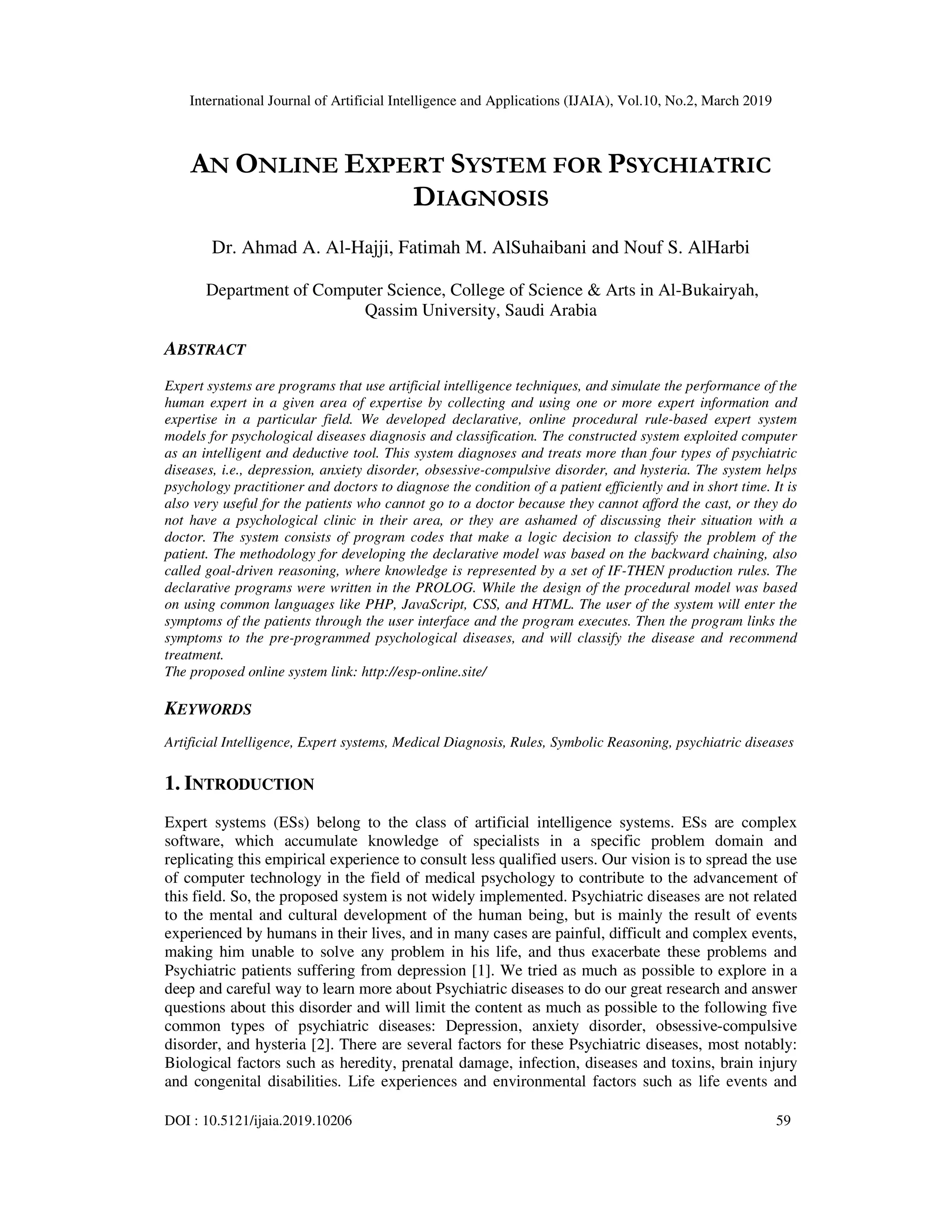 AN ONLINE EXPERT SYSTEM FOR PSYCHIATRIC DIAGNOSIS | PDF