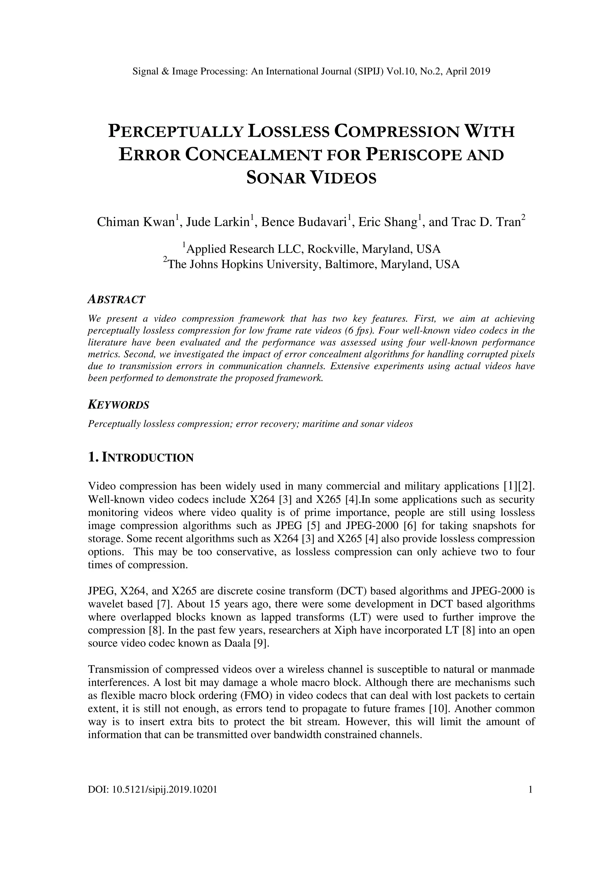 Perceptually Lossless Compression with Error Concealment for Periscope and Sonar Videos | PDF