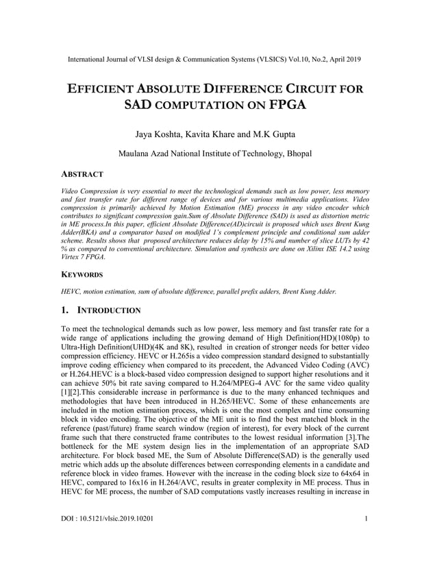 Efficient Absolute Difference Circuit For Sad Computation On Fpga Pdf