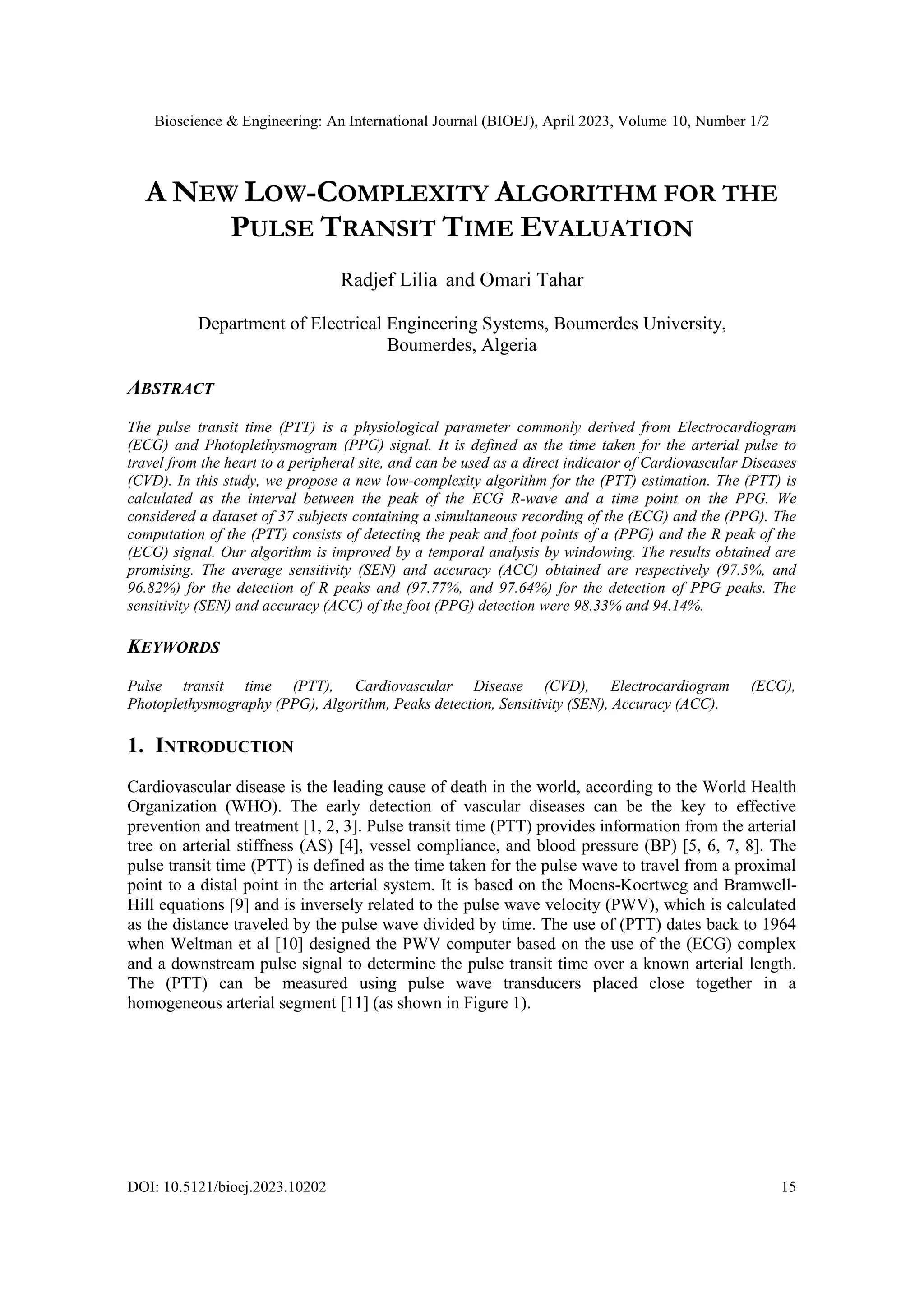 A NEW LOW-COMPLEXITY ALGORITHM FOR THE PULSE TRANSIT TIME EVALUATION | PDF