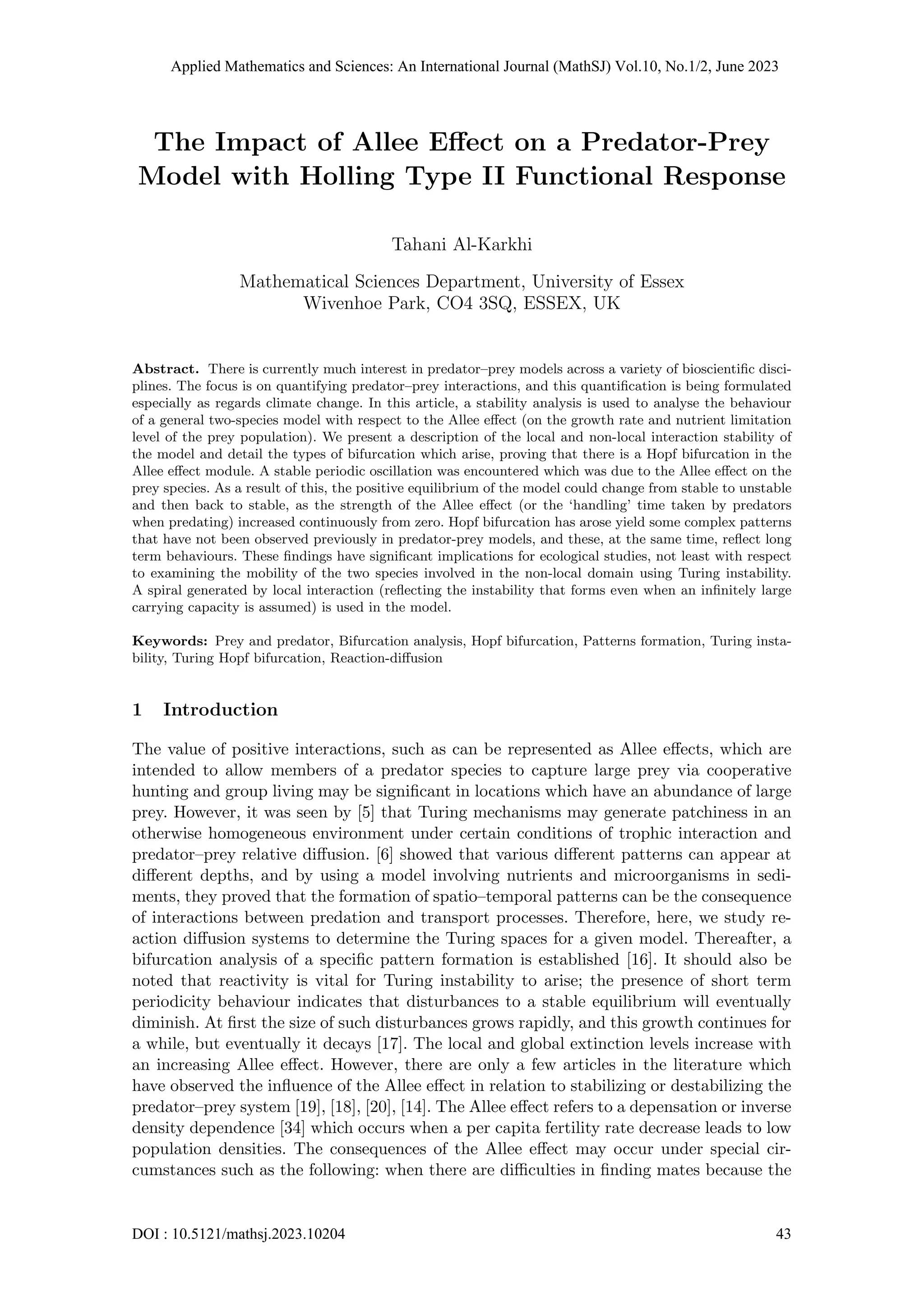 The Impact of Allee Effect on a Predator-Prey Model with Holling Type II Functional Response | PDF