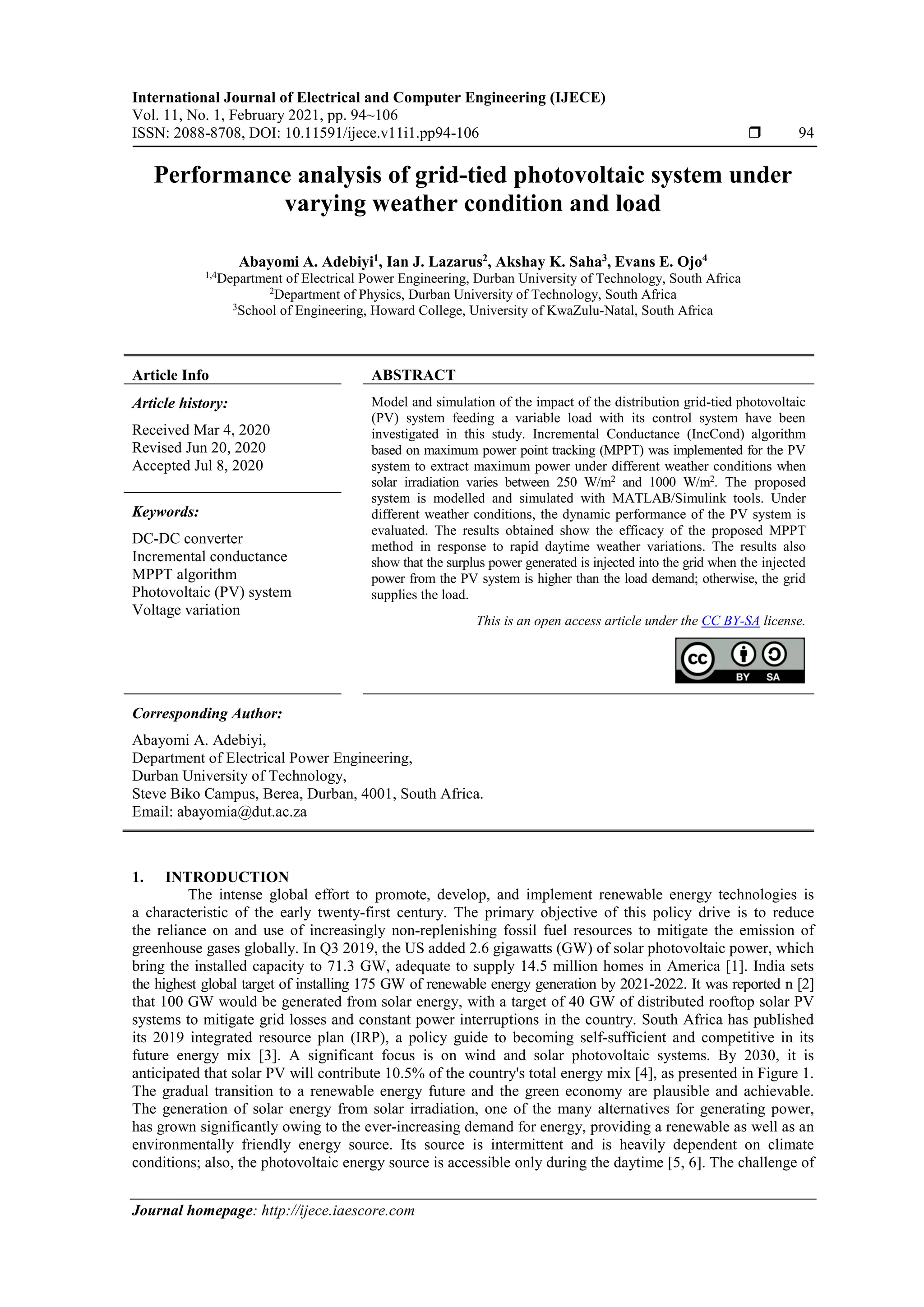 Performance analysis of grid-tied photovoltaic system under varying ...