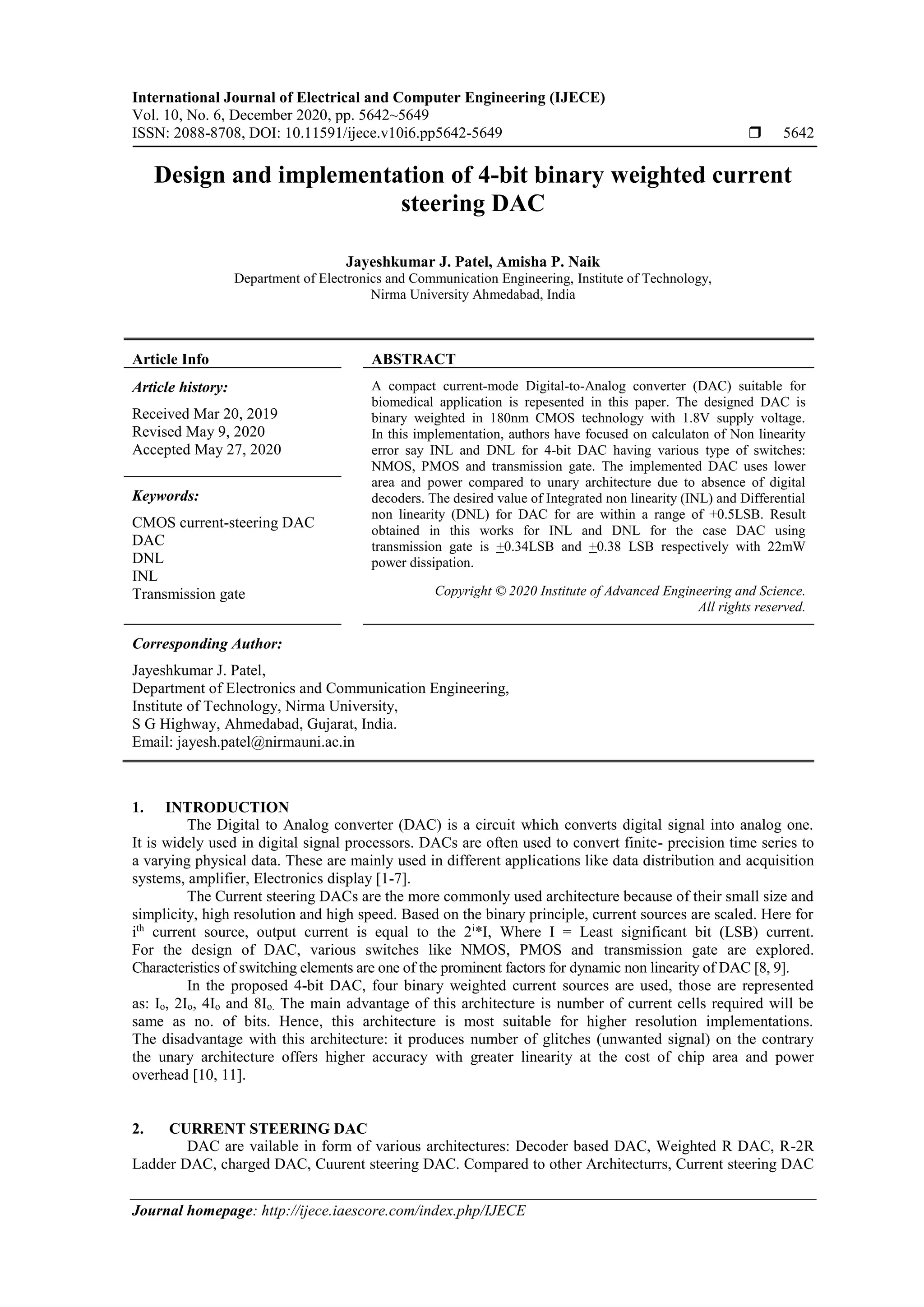 Design and implementation of 4-bit binary weighted current steering DAC ...