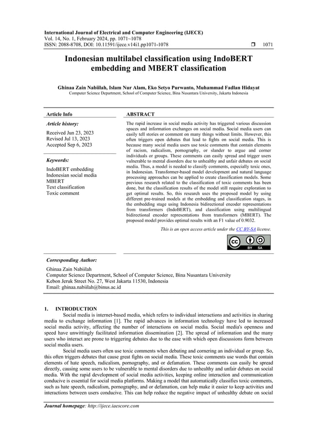 Indonesian multilabel classification using IndoBERT embedding and MBERT ... Indonesian multilabel classification using IndoBERT embedding and MBERT ...