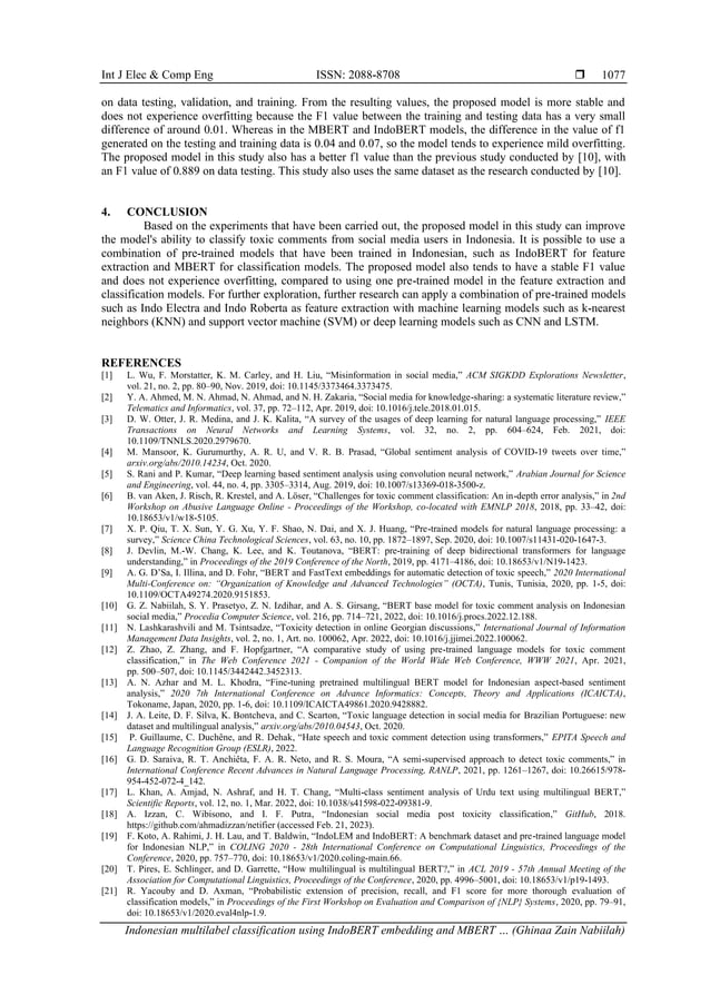 Indonesian multilabel classification using IndoBERT embedding and MBERT classification | PDF