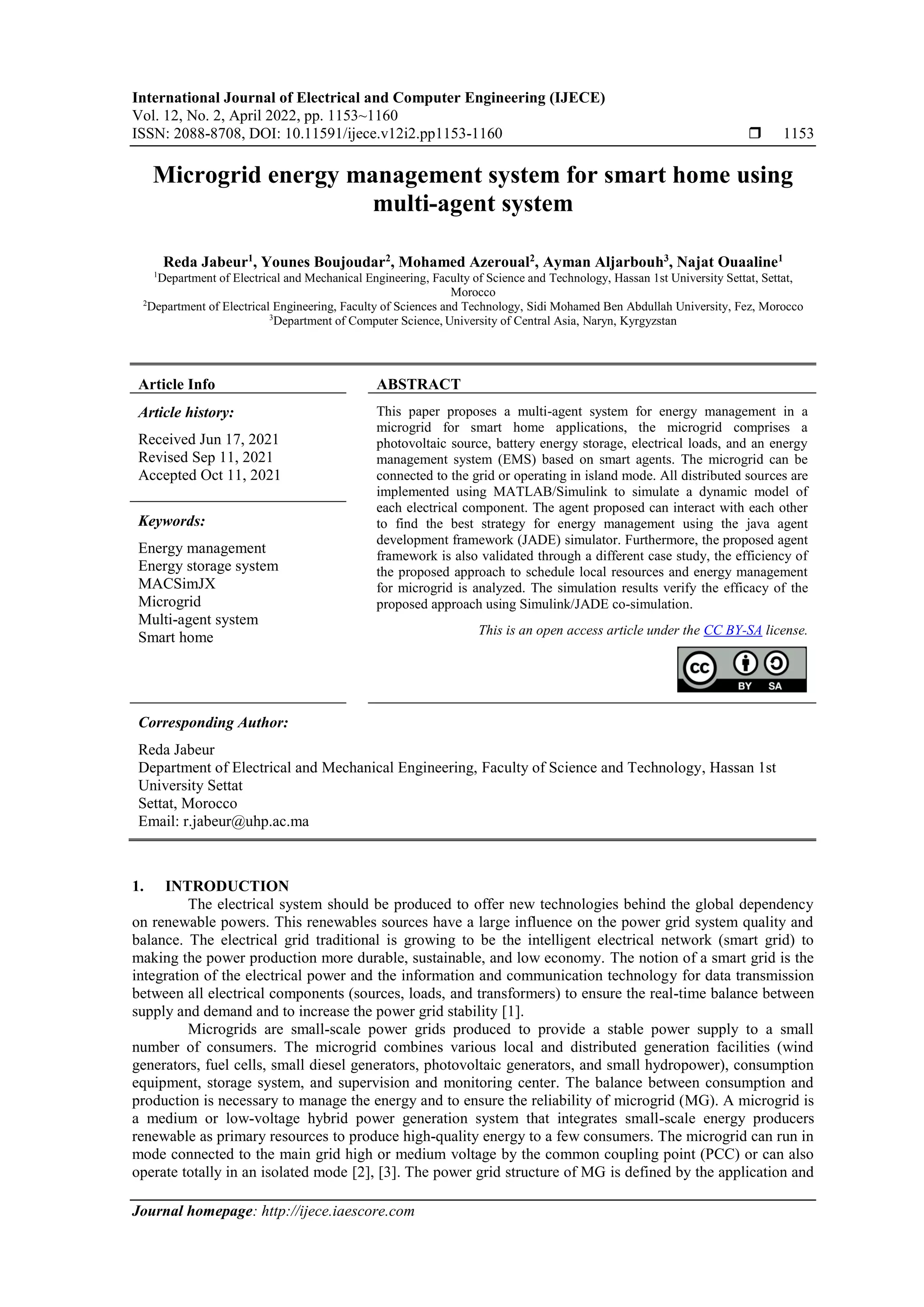 Microgrid energy management system for smart home using multi-agent system | PDF