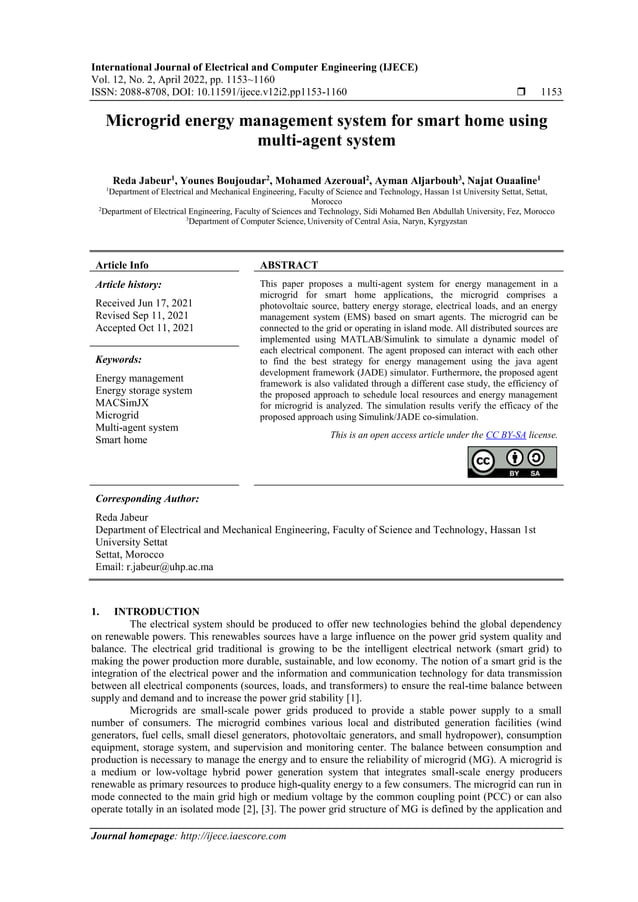 Microgrid energy management system for smart home using multi-agent system | PDF