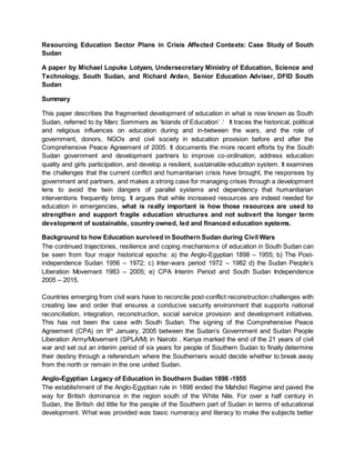 UKFIET Resourcing Education Sector Planning in Crisis Contexts - Case ...