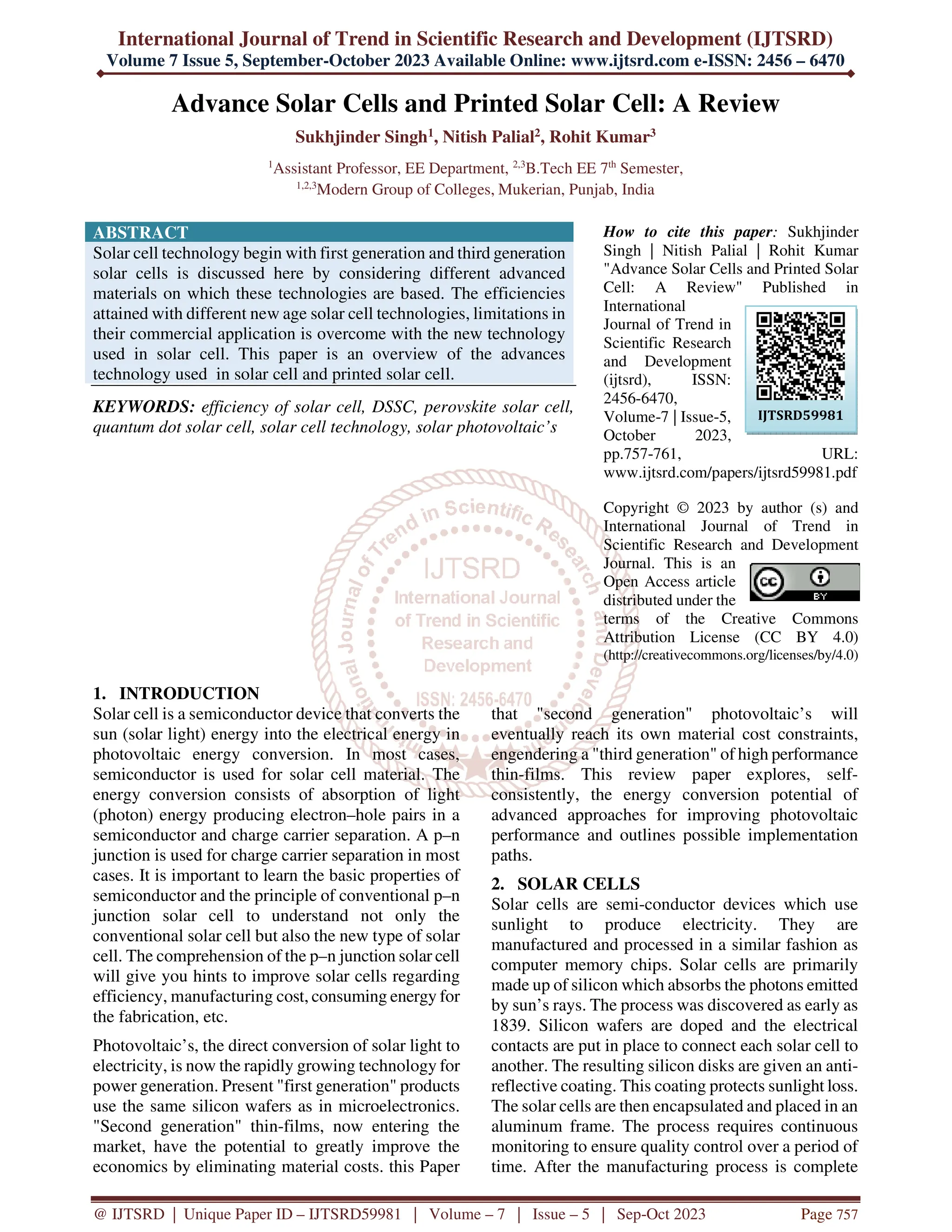 Advance Solar Cells and Printed Solar Cell A Review | PDF