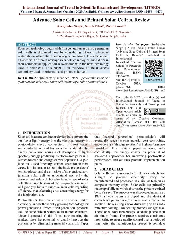 Advance Solar Cells and Printed Solar Cell A Review | PDF