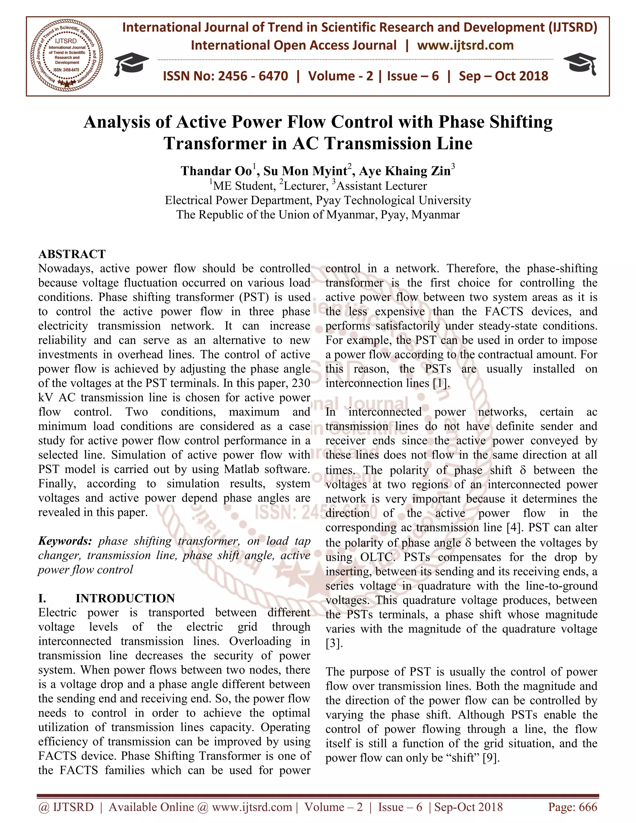Analysis of Active Power Flow Control with Phase Shifting Transformer in AC Transmission Line | PDF