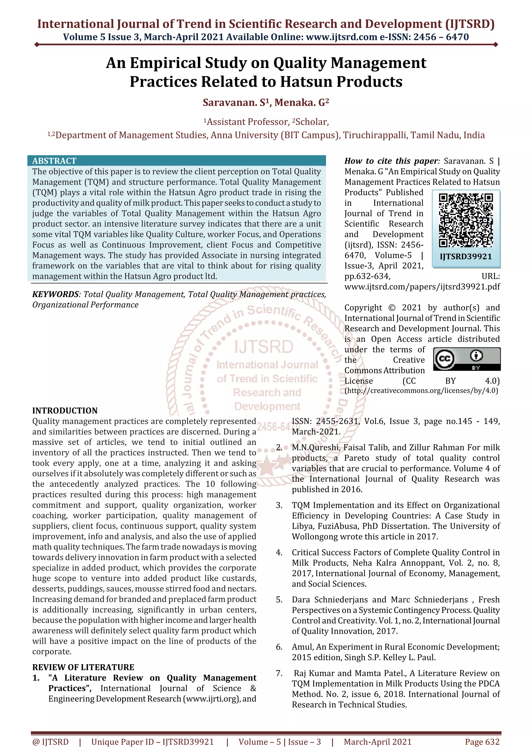 An Empirical Study on Quality Management Practices Related to Hatsun ...