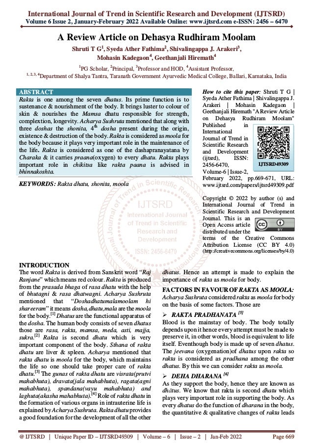 A Review Article on Dehasya Rudhiram Moolam | PDF