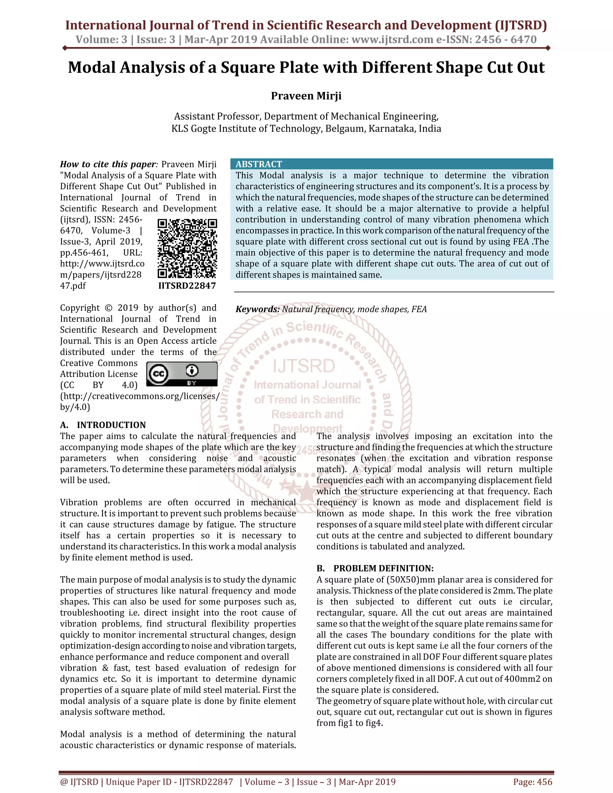Modal Analysis of a Square Plate with Different Shape Cut Out | PDF