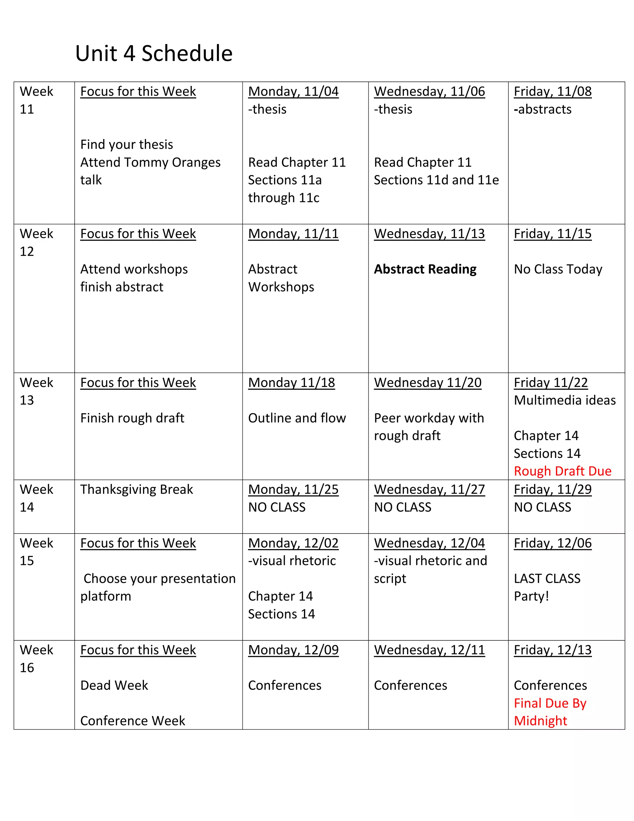 102 unit 4 schedule | PDF