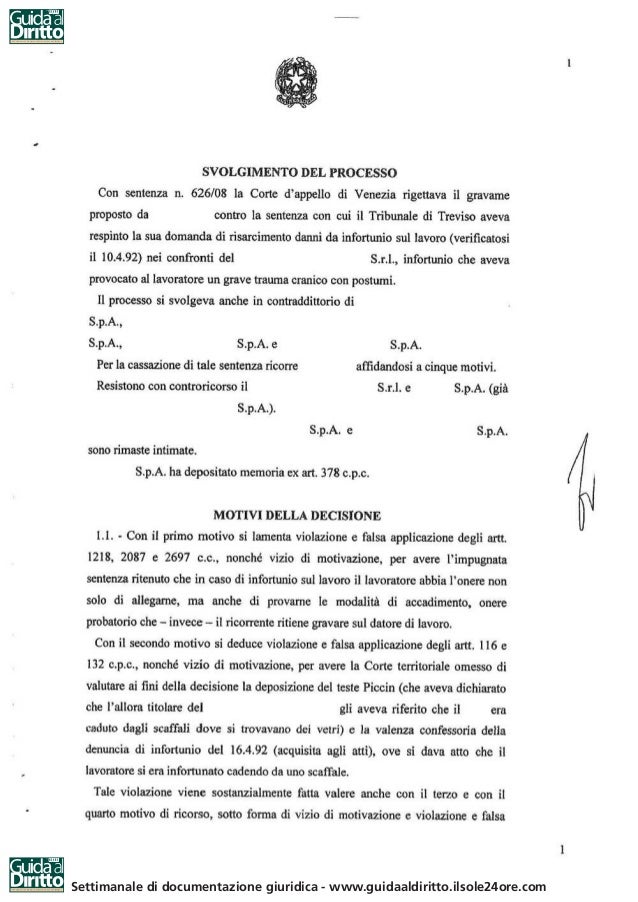 103 denuncia di infortunio e sua possibile natura confessoria