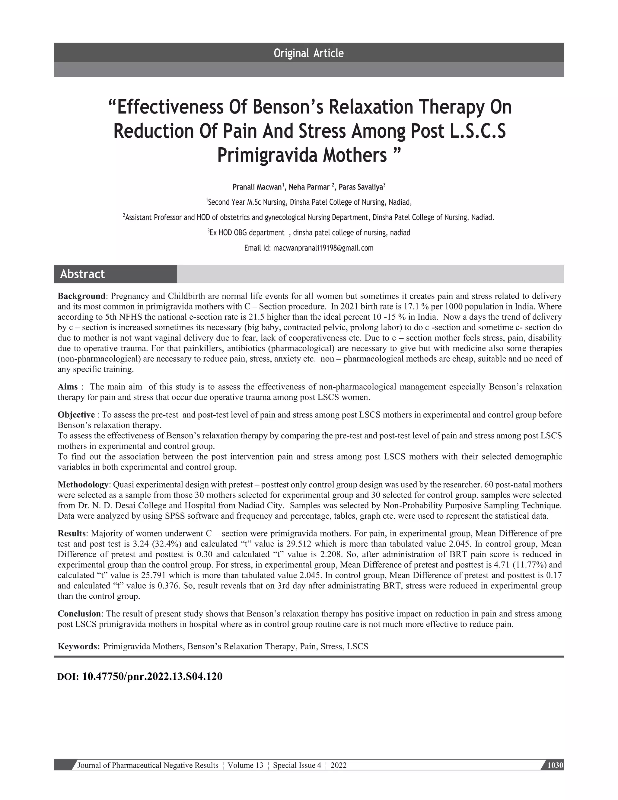 “Effectiveness Of Benson’s Relaxation Therapy On Reduction Of Pain And ...