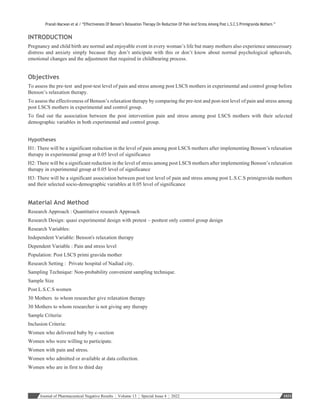 “Effectiveness Of Benson’s Relaxation Therapy On Reduction Of Pain And ...
