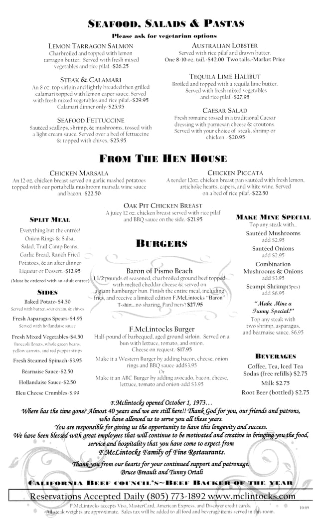 Shell Beach Dining House Dinner Menu Page 2 | PDF