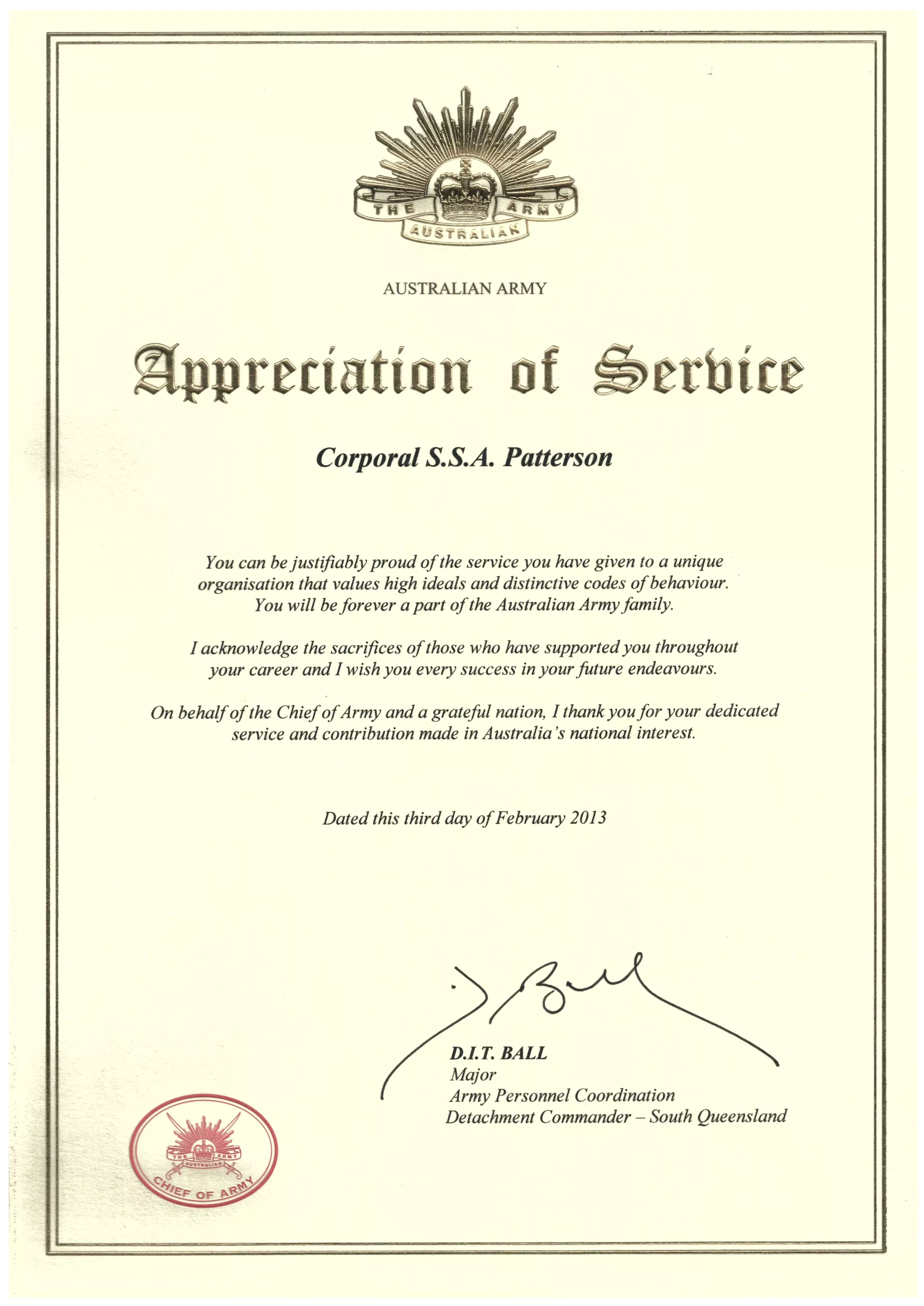 Appreciation of service Army | PDF