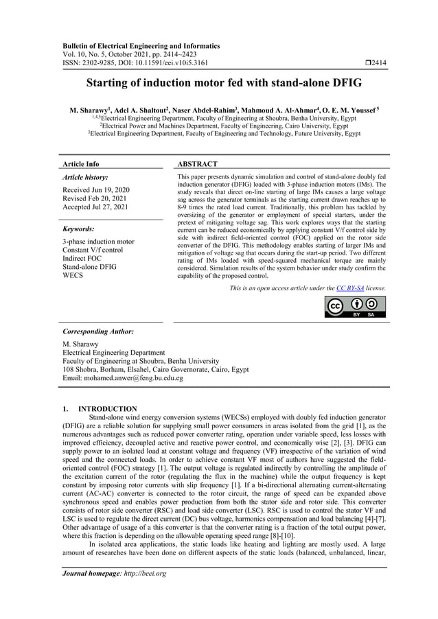 Starting of induction motor fed with stand-alone DFIG | PDF