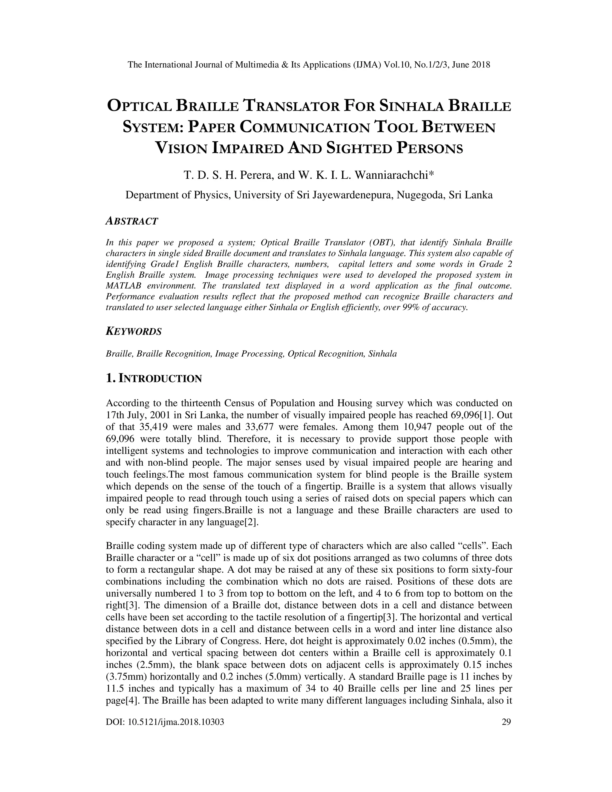 OPTICAL BRAILLE TRANSLATOR FOR SINHALA BRAILLE SYSTEM: PAPER ...