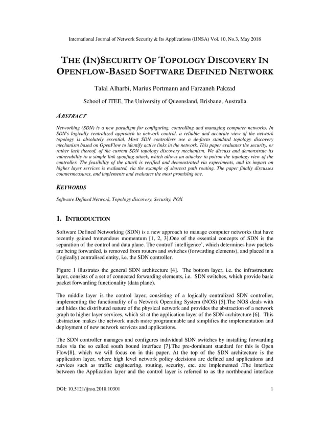 THE (IN)SECURITY OF TOPOLOGY DISCOVERY IN OPENFLOW-BASED SOFTWARE DEFINED NETWORK | PDF