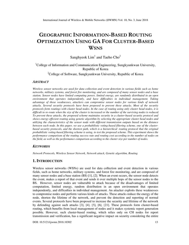 GEOGRAPHIC INFORMATION-BASED ROUTING OPTIMIZATION USING GA FOR CLUSTER-BASED WSNS | PDF