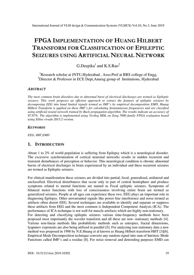 Fpga Implementation Of Huang Hilbert Transform For Classification Of Epileptic Seizures Using