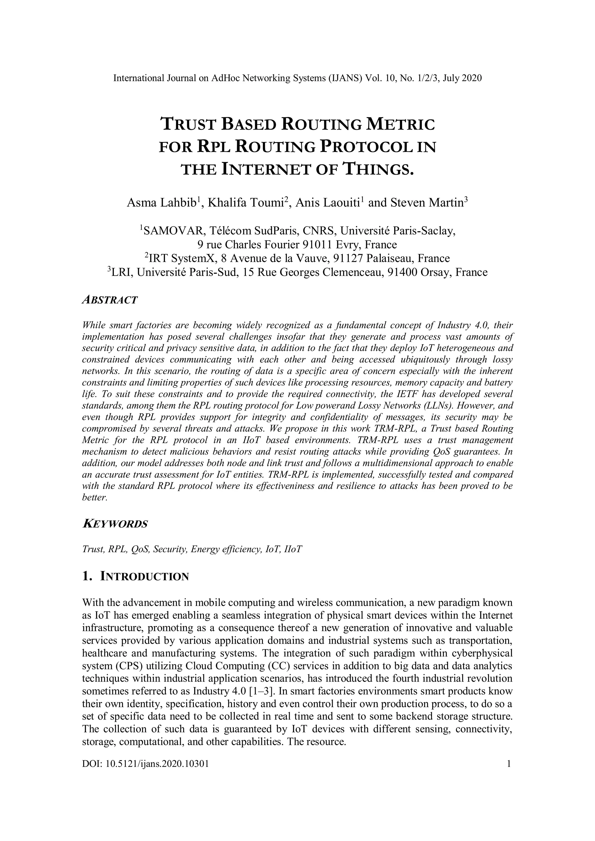 Trust Based Routing Metric For Rpl Routing Protocol In The Internet Of Things Pdf