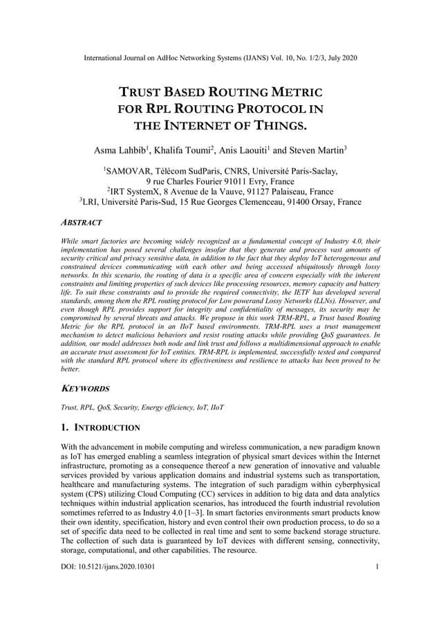 Trust Based Routing Metric For Rpl Routing Protocol In The Internet Of Things Pdf