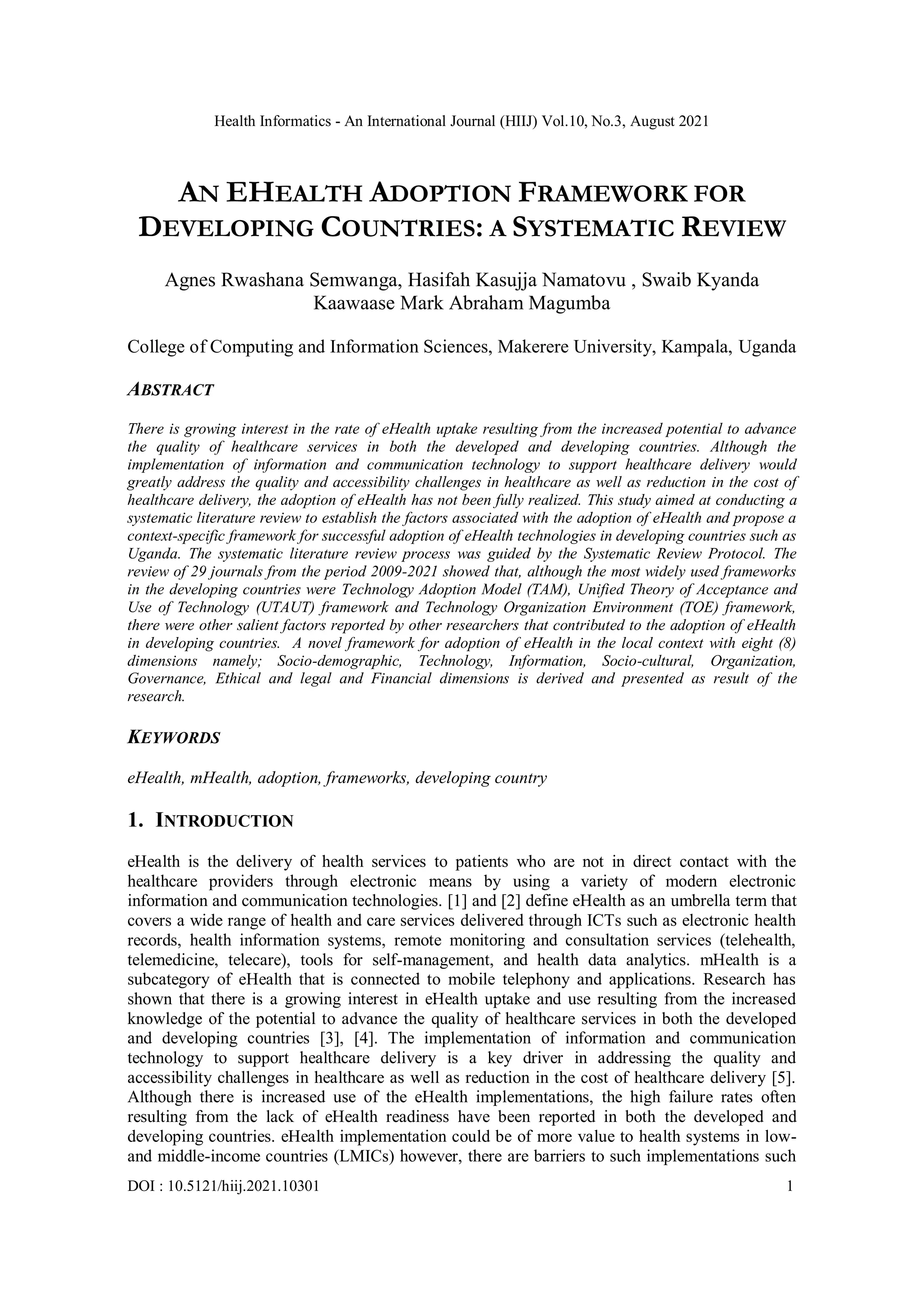 AN EHEALTH ADOPTION FRAMEWORK FOR DEVELOPING COUNTRIES: A SYSTEMATIC ...