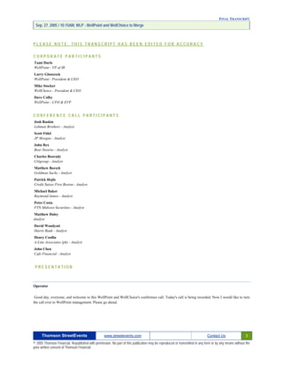 Transcript of the WellPoint-WellChoice Merger Announcement | PDF