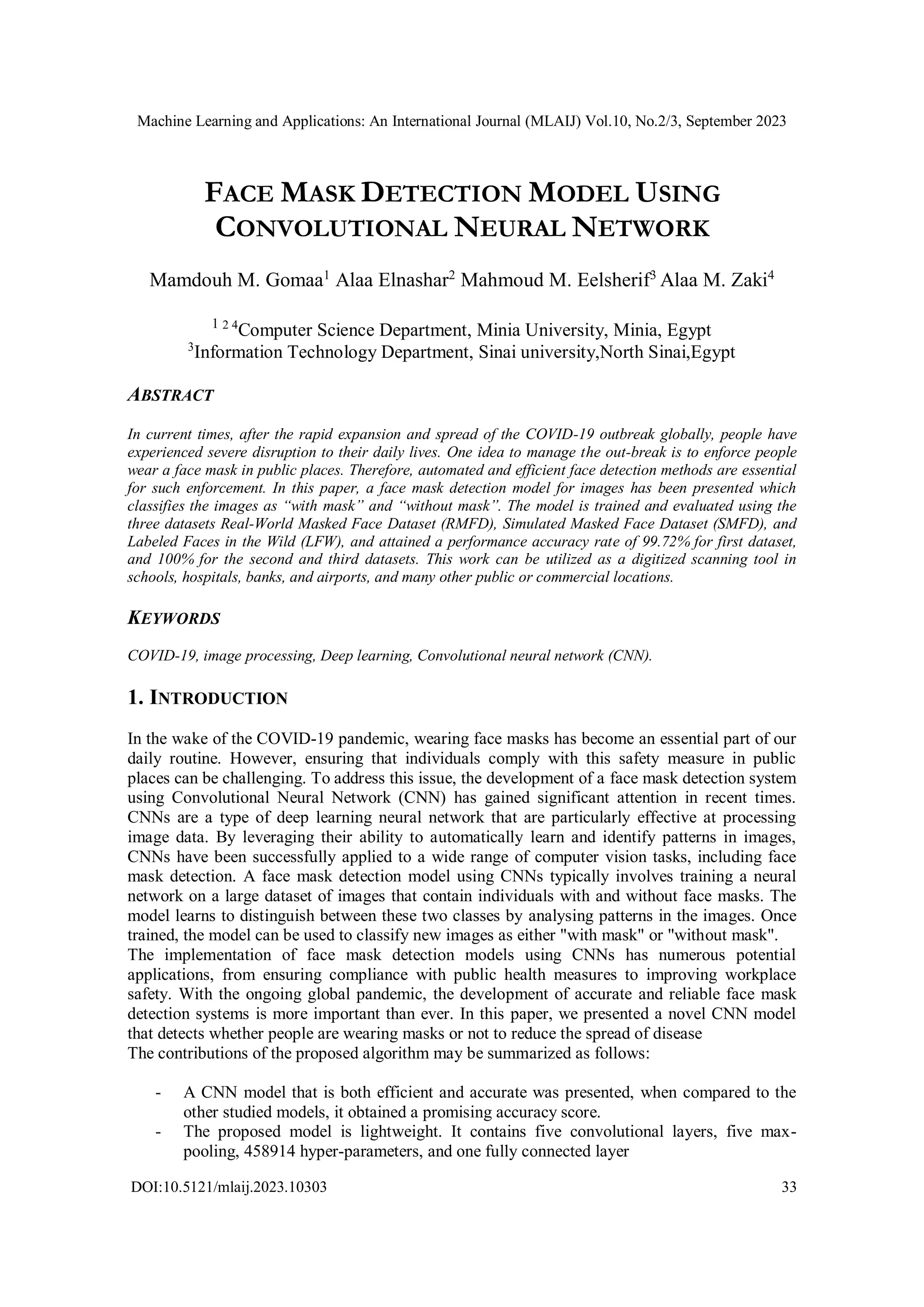 Face Mask Detection Model Using Convolutional Neural Network Pdf